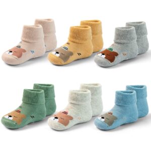 baby non slip winter socks baby boys warm terry socks with grips for baby girls non skid ankle socks 6 pairs 12-24 months