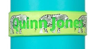 custom bottle labels - 3 pack - silicone bands for baby bottles, kids tumblers, water flasks - personalized pre-printed name, waterproof school and daycare drink identifiers - green elephants