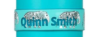 custom bottle labels - 3 pack - silicone bands for baby bottles, kids tumblers, and water flasks - personalized pre-printed name, waterproof school and daycare drink identifiers - blue elephants