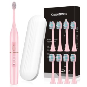 kingheroes electric toothbrush set, comes with 8 brush heads & travel case,4 modes with 2 minutes built in smart timer, one charge for 60 days, 42000 vpm motor (pink)