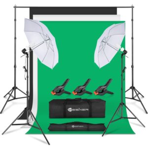 yesker photography lighting umbrella kit, 6x9ft muslin backdrop (white/black/green screen kit), 8.5x10ft background support system continuous lights umbrella equipment for portrait photo video studio