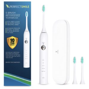 the e-brush from perfect smile co. | long-lasting 28-day battery life - pressure sensitivity monitor - 2-minute brush timer | ultra-quiet, powerful motor won't wake your family