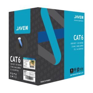 javex 23awg cat6 ul certified [1000 feet] solid bare copper 600mhz, poe++ up to 100w, etl listed, taa compliant, utp ethernet bulk cable, blue