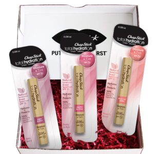 chapstick total hydration moisture plus tint plus spf, tinted lip balm collection with natural sunscreen in very berry, pretty in pink and peachy keen, 3 tubes 0.08 oz