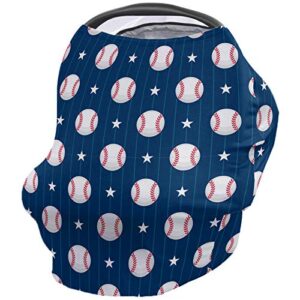 cartoon ball nursing cover, breastfeeding scarf, soft breathable infant carseat canopy, shopping cart, high chair, stroller covers 26x27.6 inches baseball with stars blue background