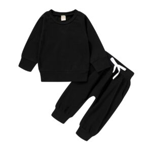 happy town fall outfits for toddler girl boy long sleeve top and long pants set toddler sweatsuits (solid color black, 3-4 t)