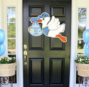 cute news welcome home baby door sign, its a boy personalized announcement, stork hanger decoration, shower party wreath, hospital new birth arrival banner, custom newborn keepsake gift, blue