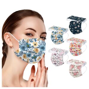 50pc flower disposable face_masks for women, 3-ply colorful floral breathable face_mask with nose wire for glasses wearers, protective facemask with printed design for adults holiday party