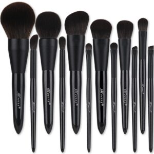 evrchgiea makeup brush sets, 12 pcs wood handle soft synthetic fiber hair makeup set,premium synthetic foundation blending blush concealer eye shadow makeup brush set (black 12pcs)