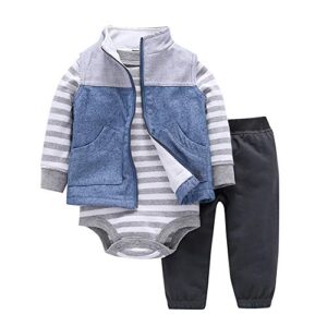 baby boy winter clothes infant fall outfit long sleeve stripes romper jumpsuit +coat+ long pants set ceremony celebration birthday party denim blue 12-18 months