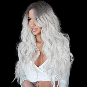 aisi hair long wavy white ombre wigs for women middle part white ombre curly wigs natural looking heat resistant fiber synthetic wigs for daily use