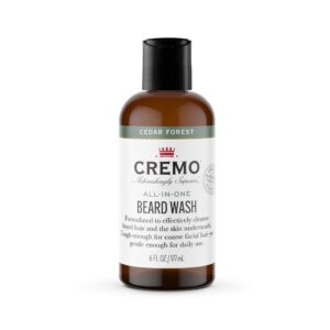 cremo cedar forest all-in-one beard and face wash, specifically designed to clean coarse facial hair, 6 fluid oz