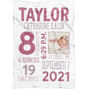 yeh gift personalized baby photo newborn blanket with birth information for girls & boys. customized blanket from baby's name, date, weight for new born, dad mom grandparents (pink)