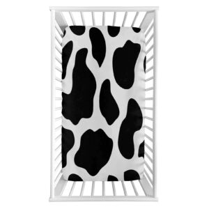 cow print fitted crib sheet,hide of a cow with black spots abstract and plain style barnyard life print microfiber silky soft toddler mattress sheet fitted,28"x 52"x 8'',baby sheet for boys girls