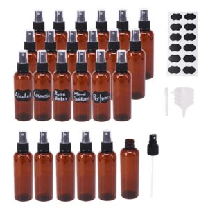 bpfy 24 pack 2oz amber plastic spray bottles for essential oils, perfumes, cosmetics, alcohol, fine mist spray bottle, mini travel bottle, small refillable liquid containers