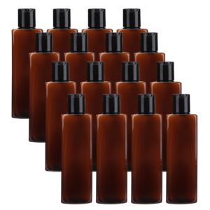 bekith 16 pack 8 ounce amber empty plastic bottles with disc top flip cap, bpa-free refillable containers for shampoo, lotions, liquid body soap, creams, rectangle