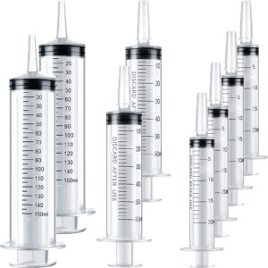 nuanchu 8 pieces large plastic syringe set, animals syringes liquid measuring syringe tools for dispensing, animals feeding, watering and multiple uses (20ml, 60ml,150ml)