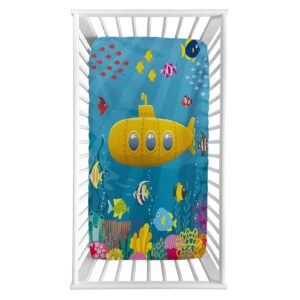 yellow submarine fitted crib sheet,coral reef with colorful fish ocean life marine creatures tropic kid microfiber silky soft toddler mattress sheet fitted,28"x 52"x 8'',baby sheet for boys girls