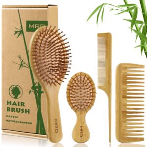 mrd hair brush set, natural bamboo comb paddle detangling hairbrush, wide-tooth and tail comb no bristle, suit for women men and kids thick/thin/curly/dry hair gift kit