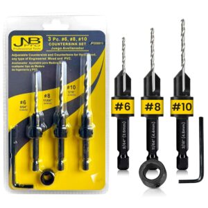 jnb pro wood countersink drill bit set 3 pieces #6 (9/64') #8 (11/64") #10 (3/16") avellanador para madera with adjustable stop collar and hex wrench - quick change woodworking drill bits