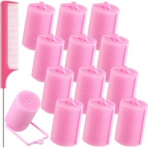 syhood 12 pcs jumbo foam sponge hair rollers 1.89 inch soft sleeping curlers flexible large foam rollers and rat tail comb for hair styling(pink)