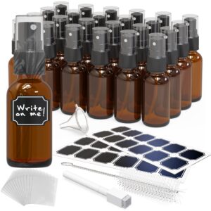 nevlers 24pk amber 1oz spray bottles | glass spray bottles set w/shrink wrap, funnel, brush & labels | small spray bottle for use as mister spray bottle, travel spray bottle & hair spray bottle