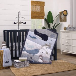 nojo seas the day blue and white whale, narwhal, sea lion, shark 4 piece crib bedding set - comforter, 100% cotton fitted crib sheet, crib skirt, and storage