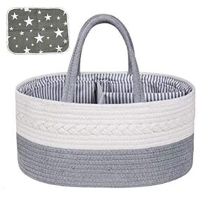 baby diaper caddy organizer | with waterproof changing pad | 100% cotton rope woven basket | portable nursery storage | for boys and girls | travel car bin | 6 inner pockets | removable inserts