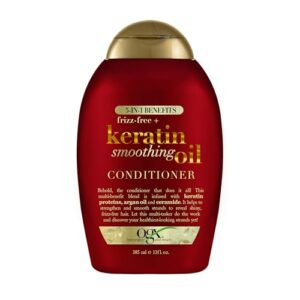 ogx frizz-free + keratin smoothing oil conditioner, 5 in 1, for frizzy hair, shiny hair, red, 385 ml