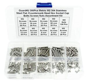 guard4u 300pcs metric m2 304 stainless steel flat/countersunk head hex socket cap bolts screws nuts assortment kit- m2x 4mm/ 6mm/ 8mm/ 10mm/ 12mm/ 14mm/ 16mm/ 18mm/ 20mm