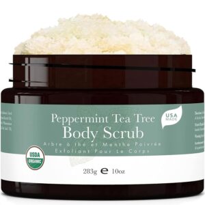 peppermint tea tree organic body scrub - usa made sugar scrub with natural ingredients, moisturizing body & foot exfoliator for dry and sensitive skin, removes dead skin cells & reduces ingrown hair