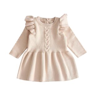 toddler baby girl knit sweater dress cute kids solid ruffle long sleeve dresses top fall winter warm outfits clothes apricot ruffle 2-3 years