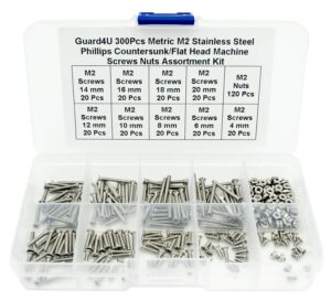 guard4u 300pcs metric m2 stainless steel phillips countersunk/flat head machine screws nuts assortment kit- m2x 4mm/ 6mm/ 8mm/ 10mm/ 12mm/ 14mm/ 16mm/ 18mm/ 20mm