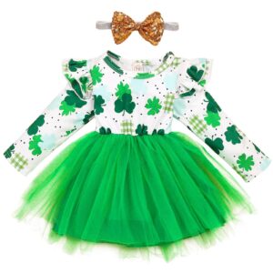 toddler baby girls st.patrick's day outfit shamrocks bodysuit tutu skirt headband spring clothes set 1-6t (green, 4-5t)