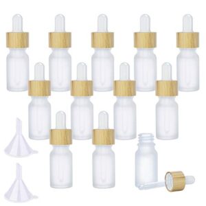 modowey 12pcs 10ml frosted glass dropper bottles, eco-friendly essential oil containers bulk with eye dropper and bamboo lids, refillable essence liquid cosmetic containers and 2 pieces funnel (10ml)