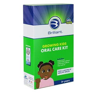 growing kids oral care kit by brilliant oral care- set has brilliant child toothbrush, brilliant kids toothbrush & 2oz spry strawberry banana flavor tooth gel, products for 2 years old and up, green