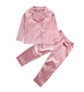 toddler baby kids satin pajamas set, long sleeve button-down sleepwear pjs for girls (3y, a-pink)