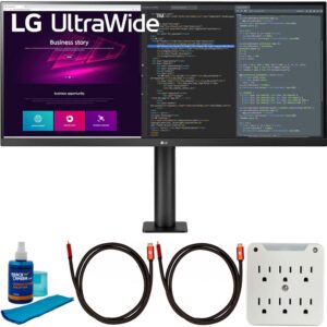 lg 34wn780-b 34" 21:9 ultrawide qhd 3440x1440 ergo ips hdr monitor bundle with 2x deco gear 6ft 4k hdmi 2.0 cable, screen cleaner and 6-outlet surge adapter with night light