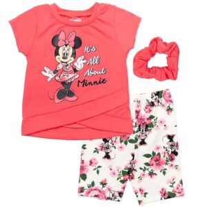 disney minnie mouse toddler girls crossover t-shirt bike shorts and scrunchie 3 piece outfit floral coral/white 4t