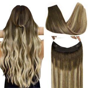 goo goo wire hair extensions human hair, 3/8/613 walnut brown with ash brown and bleach blonde balayage 18inch 95g, invisible wire hair extensions with transparent, seamless fish line hairpiece