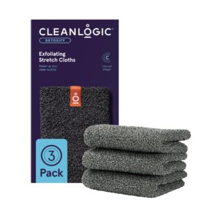 cleanlogic body exfoliating cloth, stretchy detox charcoal infused exfoliator bath and shower washcloths, reusable daily skincare tool, 3 count value pack