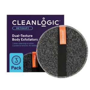 cleanlogic detoxify purifying charcoal infused exfoliating body scrubber, dual-texture round exfoliator tool for smooth, clean skin, daily skincare routine, 3 count value pack