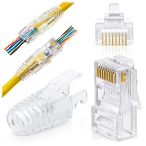 gtz rj45 cat6 pass through connectors and strain relief boots - pack of 100/100 - ez to crimp modular plug for solid or stranded utp network cable