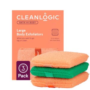 cleanlogic bath and body exfoliating body scrubber, large exfoliator tool for smooth and softer skin, daily skincare routine, assorted colors, 3 count value pack