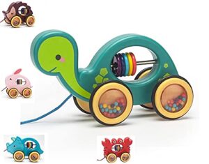 pull along rolling animal toy [updated design-without beads in wheels]- 18 months and up pull & pull toys for toddlers-boys & girls (turtle)