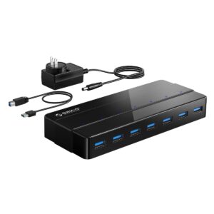 powered 7-port usb 3.0 hub, orico usb data hub with 12v power adapter, multi usb 3.0 splitter with 3.3 ft long usb cable for pc, laptop, keyboard, mouse, hdds and more-black