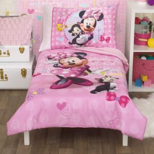 disney minnie mouse helping friends 4 piece toddler bedding set - fitted sheet, pillow case, top sheet, and comforter quilt - pink