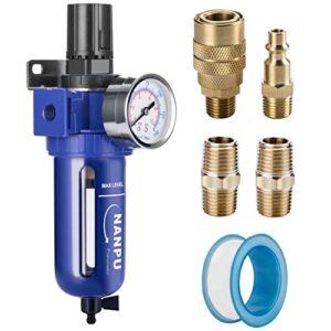 nanpu 1/2" npt compressed air filter regulator, zinc alloy, 5 micron brass element, 0-150 psi gauge, quick release bowl, manual drain, metal bracket