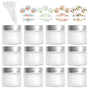 12 pack 60ml 2 oz matte clear glass jars with silver lids & inner liners,round containers travel jars for cosmetics, eye shadow, makeup and face cream lotion.