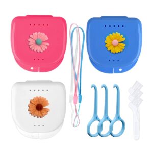 amhdv 3pcs orthodontic retainer case with vent holes cute mouthguard container dental aligner case with aligner removal tool and brush (01-flower)